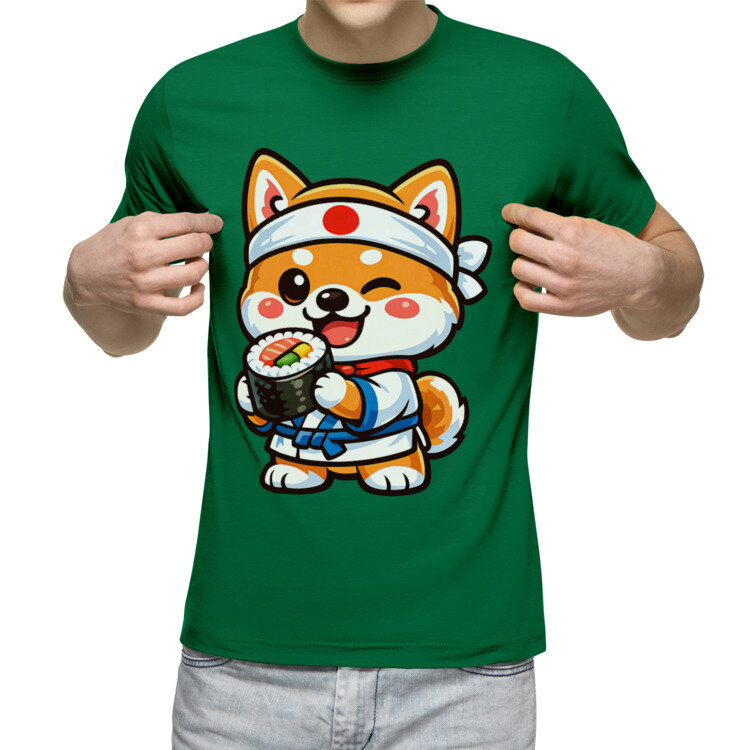 Мужская футболка «Sushi Shiba сиба-ину любитель суши» (зеленый, 2XL)