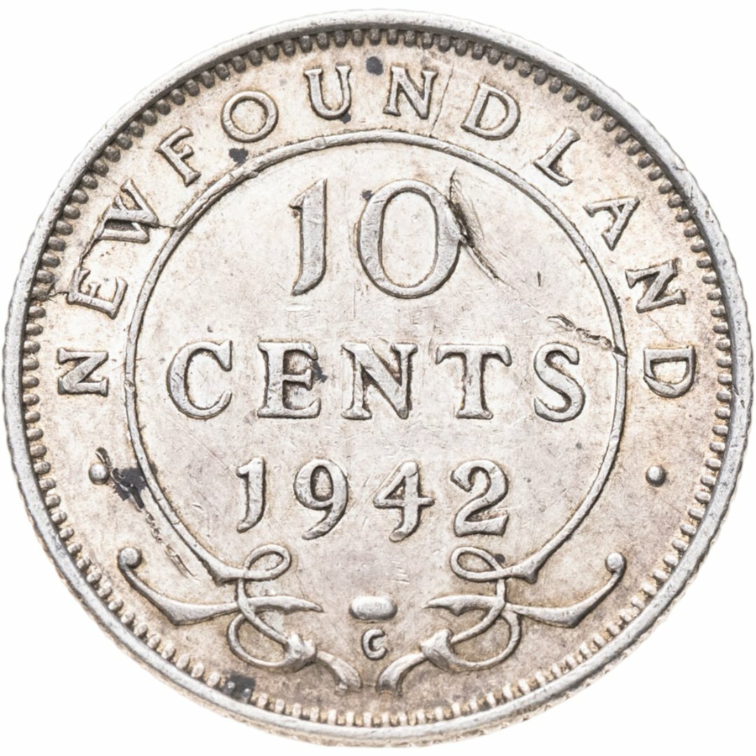 Ньюфаундленд 10 центов 1942, Серебро 925, в сохранности XF