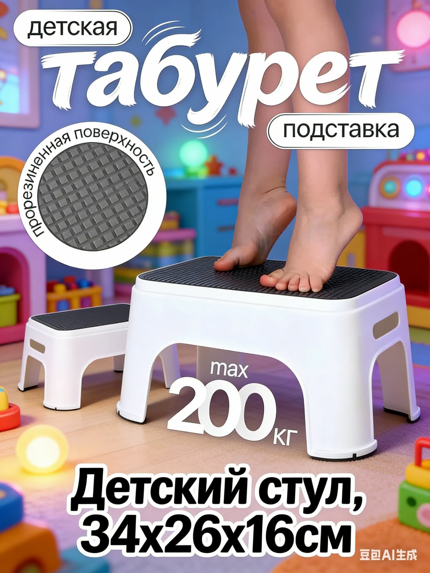 Табурет-подставка Полимербыт, 1 ступень, пластиковая подставка для ног и сиденья, нагрузка 200 кг, 34х25х16 см, бело-серый