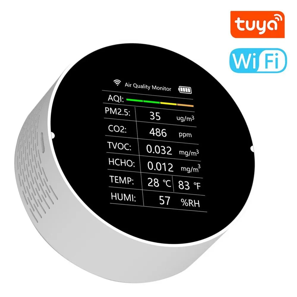 Монитор качества воздуха Tuya WiFi 7 в 1, белый. Датчик PM2.5, CO2, TVOC