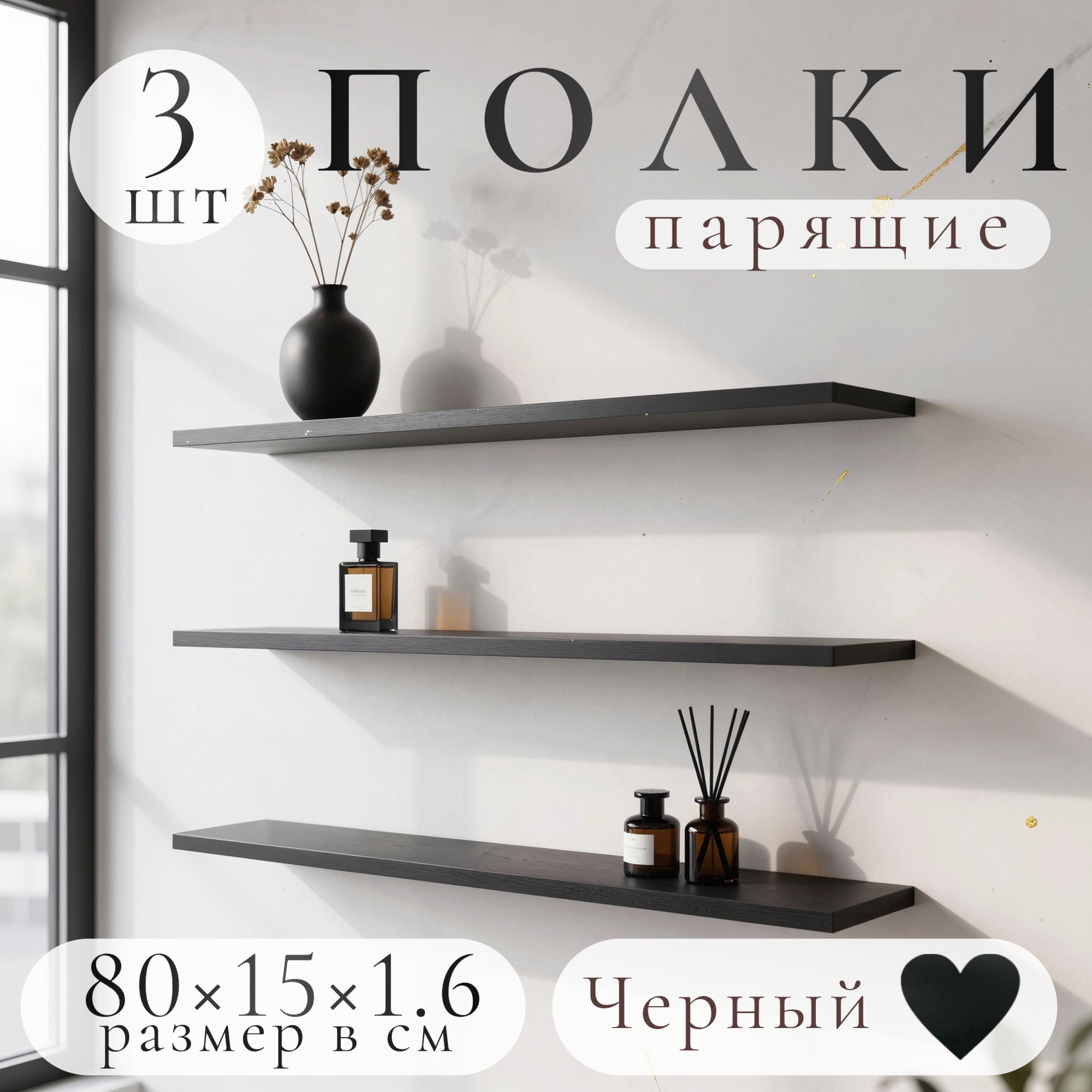 Полка настенная навесная черная 80*15 3шт