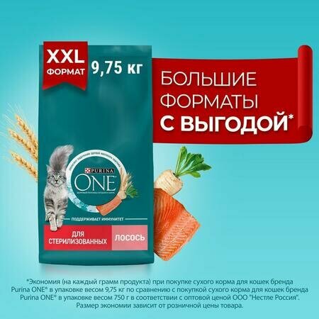 Purina ONE 2 шт по 9,75 кг сухой корм для стерилизованных кошек и кастрированных котов, с высоким содержанием лосося и пшеницей