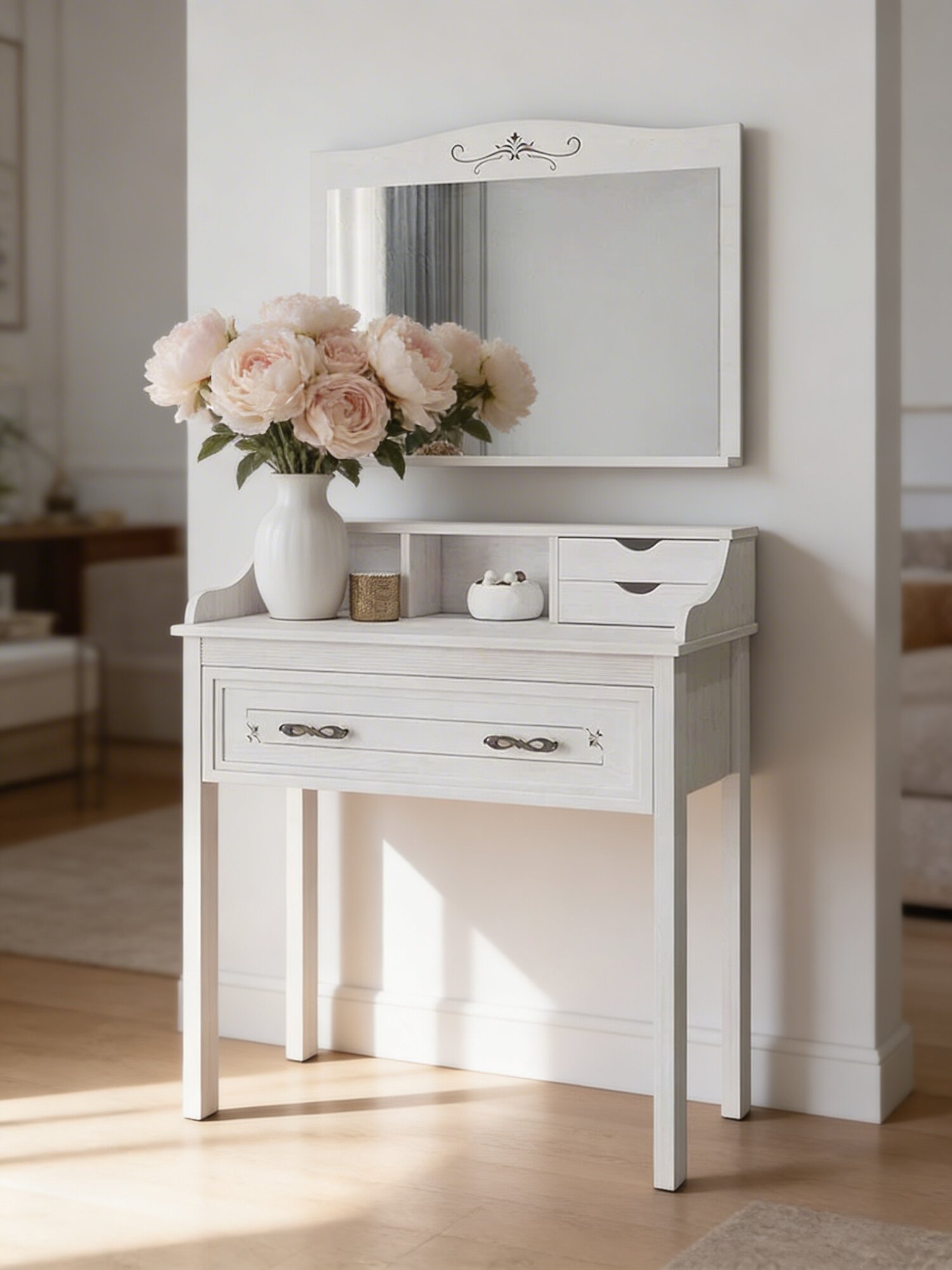 Комплект: туалетный столик с ящиками для макияжа классический с зеркалом