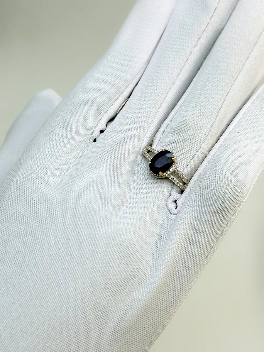 Кольцо, серебро, 925 проба, родирование, золочение, сапфир, фианит