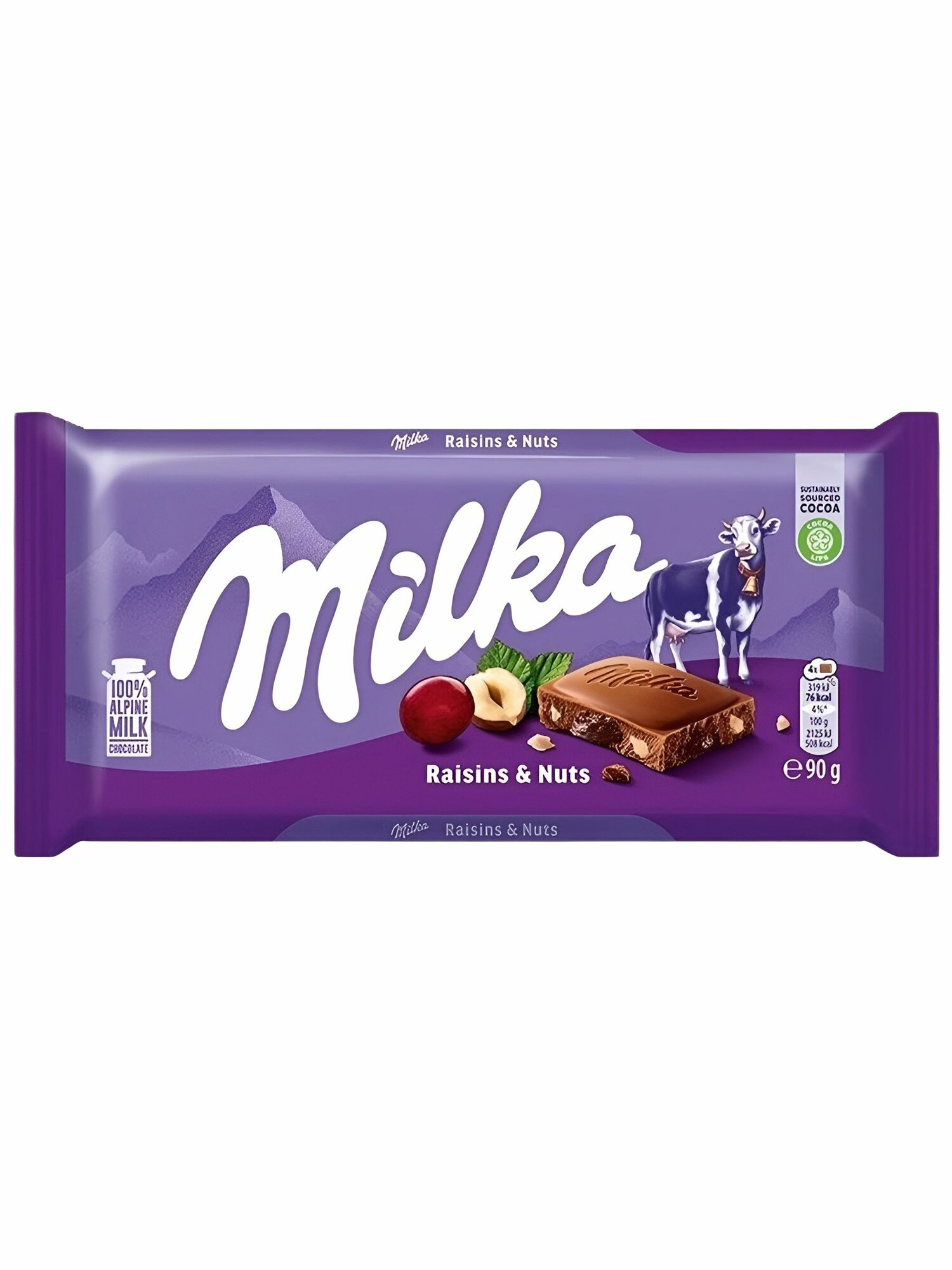 Шоколадная плитка Milka Raisins & Nuts из молочного шоколада с изюмом и фундуком, 90 гр. (Швейцария)