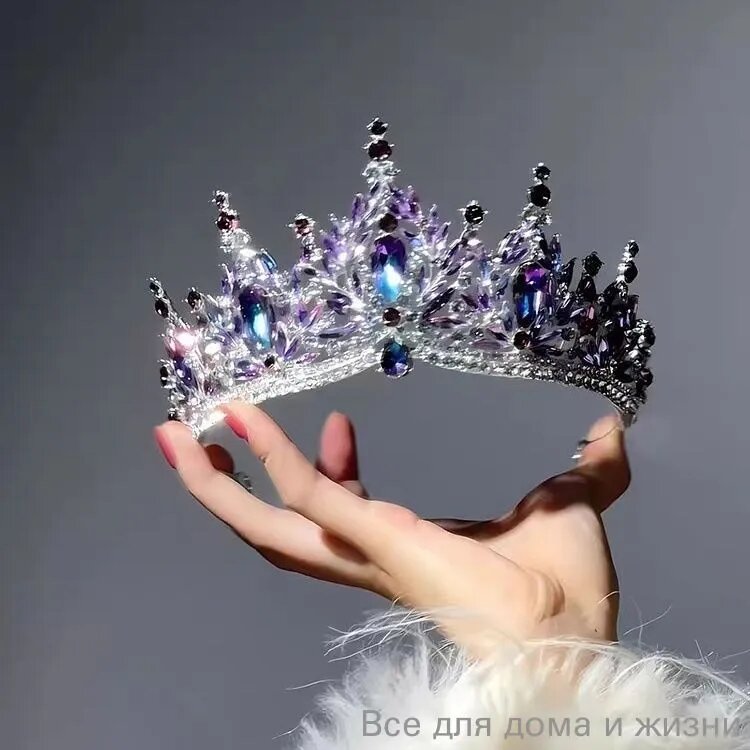 Диадема, с камнями, регулируемая, бижутерный сплав, фиолетовая