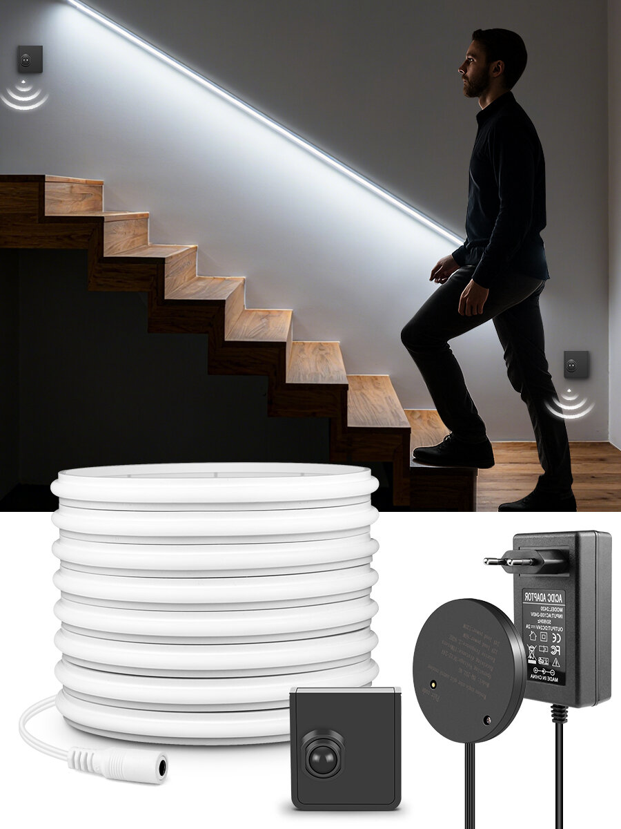 2 Датчика Движения PIR, Светодиодная Неоновая Лампа 24В, Лента с Беспроводным RF-Приемником, Для Домашнего Аварийного Ночного Освещения