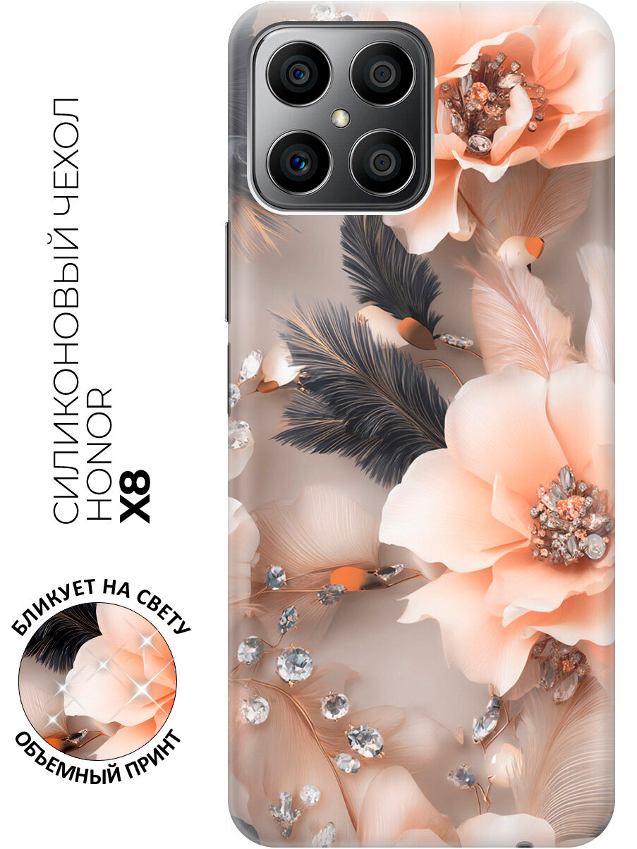 Силиконовый чехол на Honor X8 с принтом "Персиковые цветы и самоцветы"