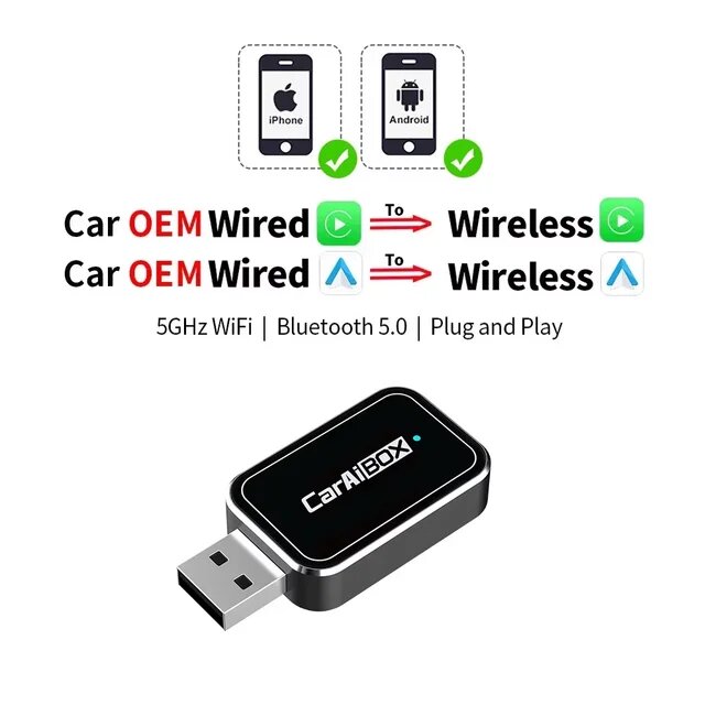 Этот беспроводной адаптер CarPlay 2-в-1 совместим с автомобильными системами Apple iOS и Android. Он поддерживает функцию Plug-and-Play через USB и подходит для автомобилей Volvo, Kia, Mercedes-Benz, Audi, Volkswagen, Hyundai, Jeep и других марок.