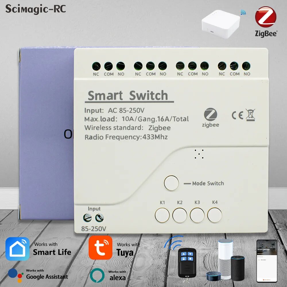 Zigbee Tuya Smart Switch 4 канала AC 85-250V Zigbee Din Rail Модуль релейной платы умный доммодуль управления