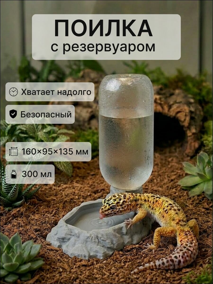 Автоматическая Поилка для рептилий, пауков, эублефаров, гекконов (300 мл, серый)