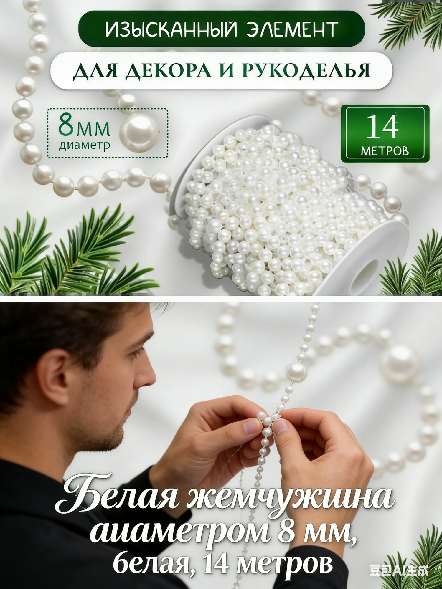 Жемчуг на нитях, Белая жемчужина диаметром 8 мм, белая, 14 метров