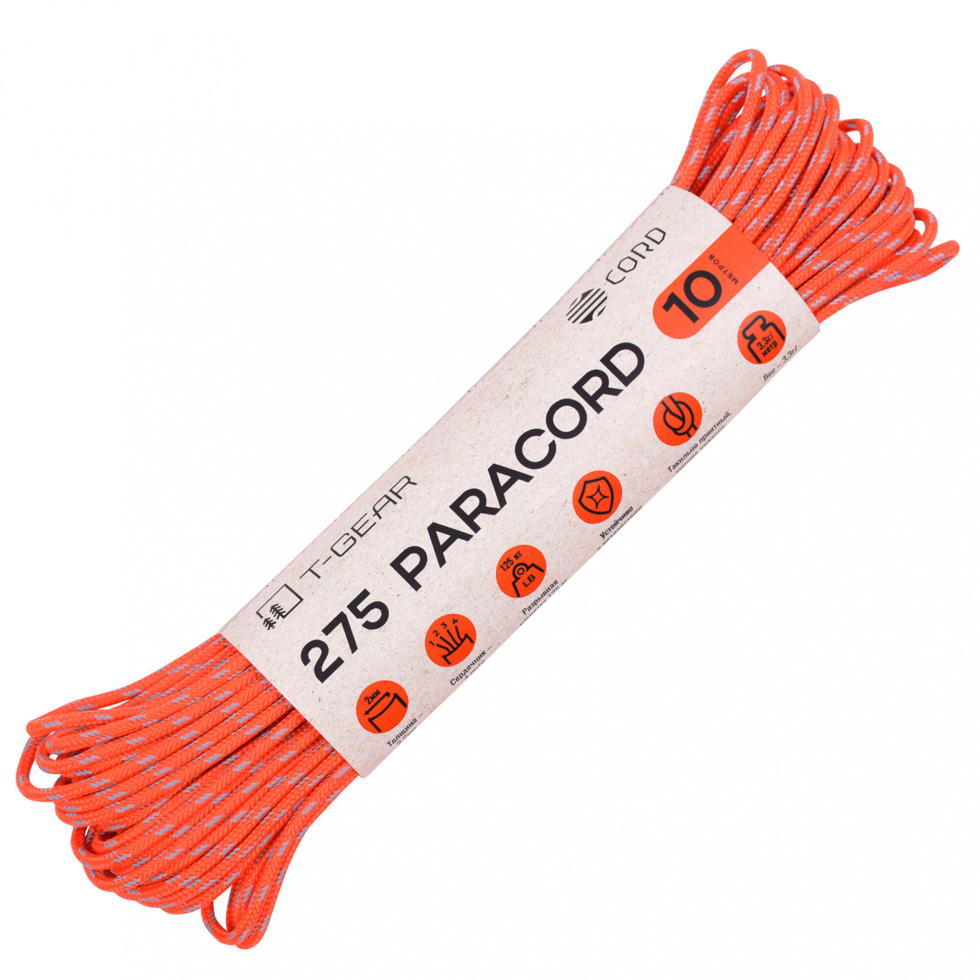 Паракорд 275 T-Gear x CORD nylon 10м световозвращающий (Neon Orange)