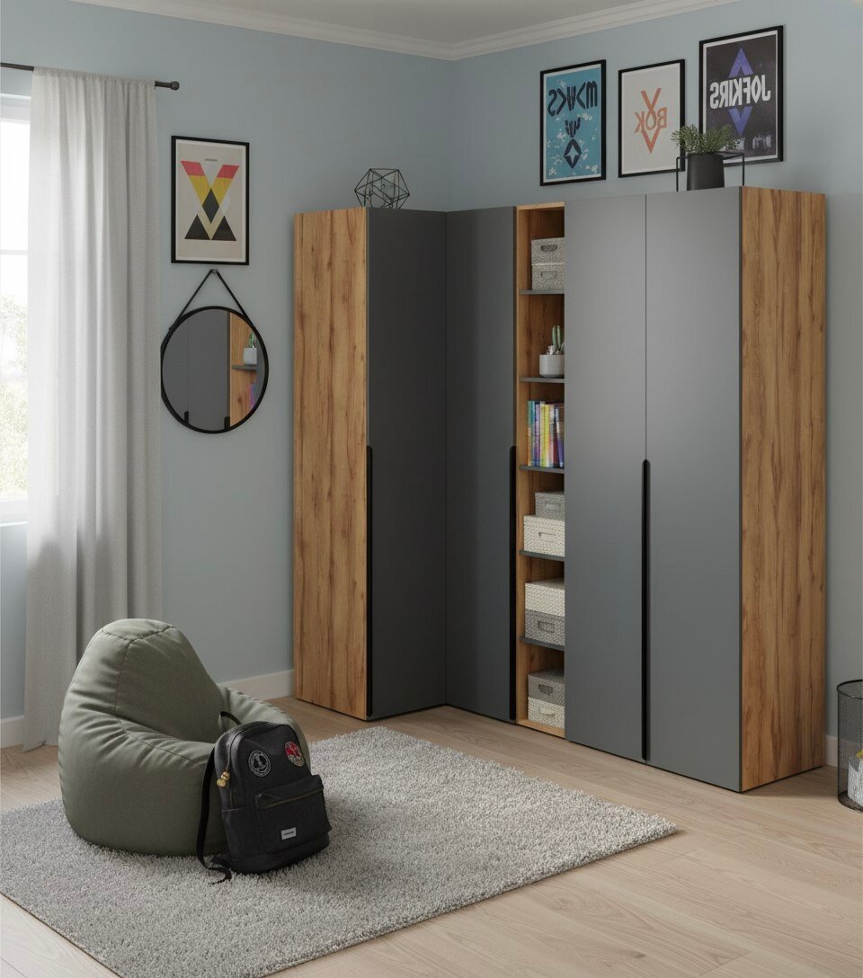 Распашной шкаф + стеллаж переходной + угловой шкаф + пенал коллекции Брайт Графит
