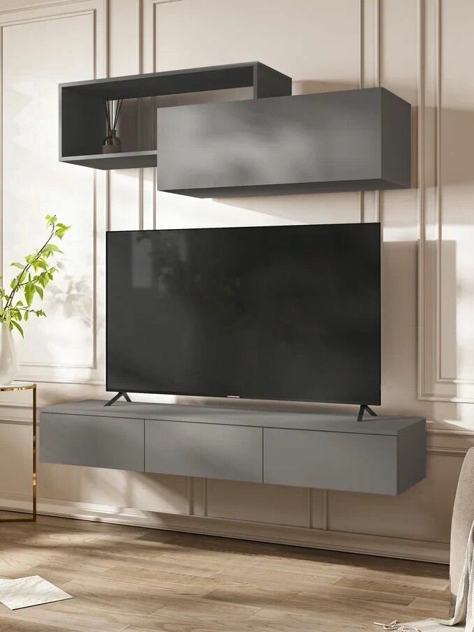 Стенка в гостиную под телевизор Норд, мебель с подвесными секциями для хранения, 150.2х35х170 см, Графит