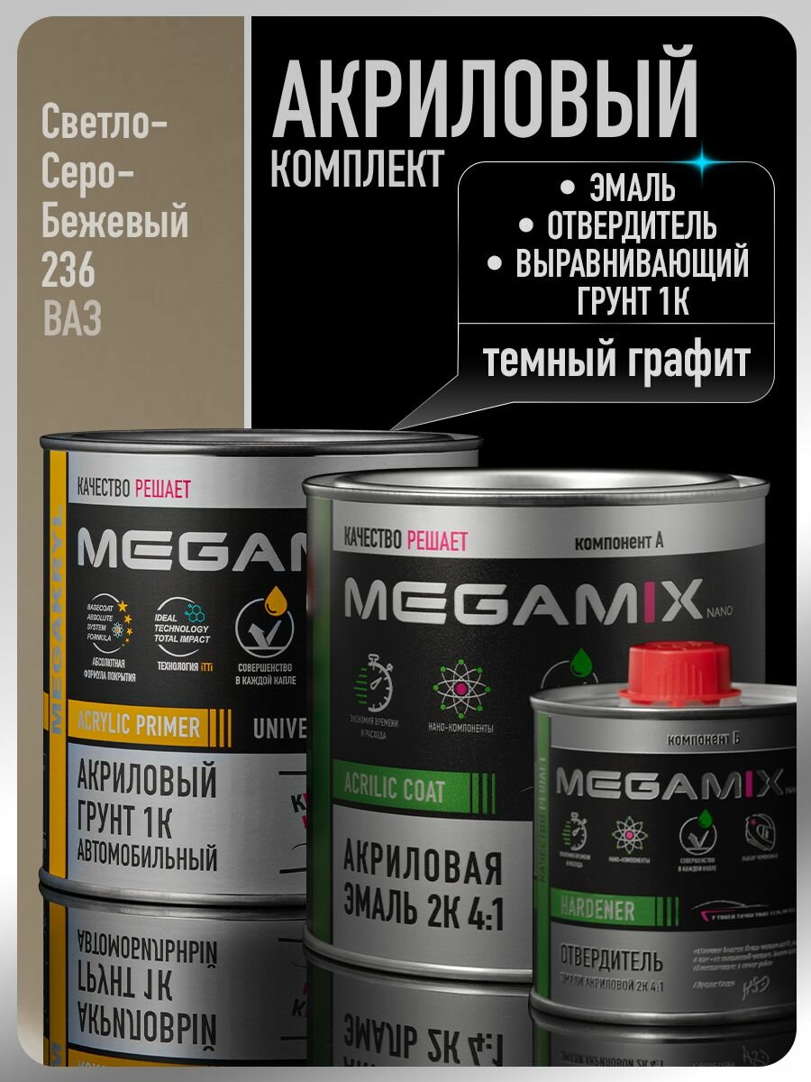 Комплект Акриловая краска автомобильная 2К , Светло-серо-бежевый 236, 840мл + Отвердитель 2K 210 мл + Грунт акриловый 1К , темный графит, 800 г