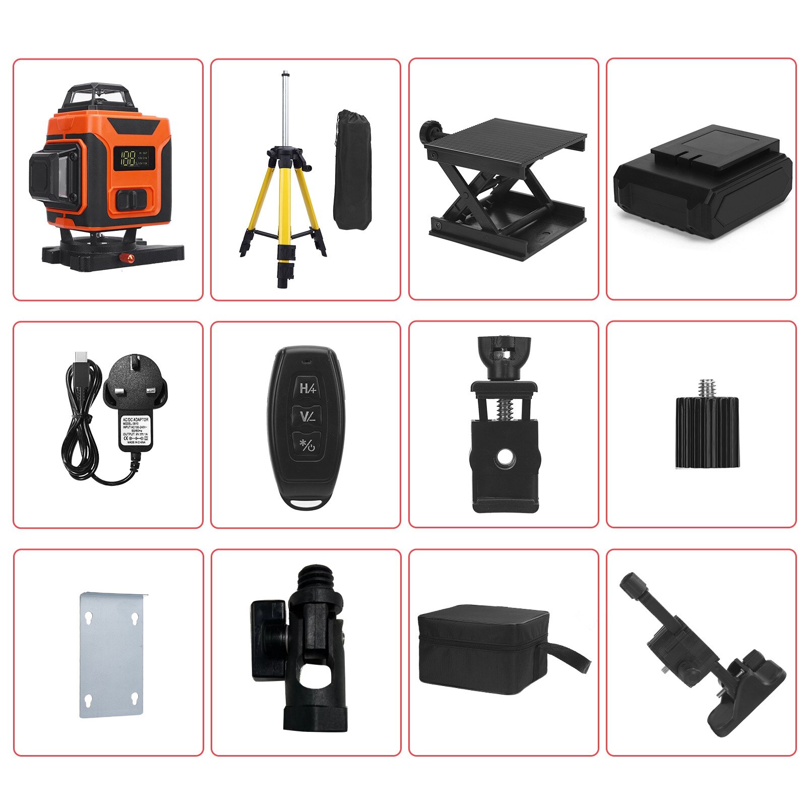 Лазерный уровень 4D 16 линий, зеленый, 3°, аккумулятор, с штативом, оранжевый, UK вилка