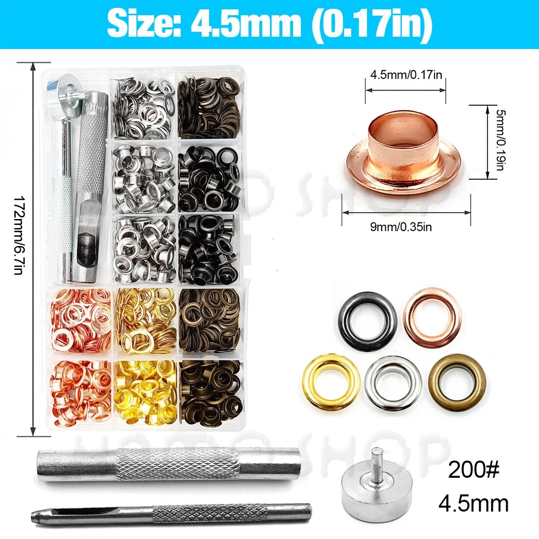 200 шт, набор металлических люверсов, набор инструментов для установки дырокола с коробкой 4.5mm