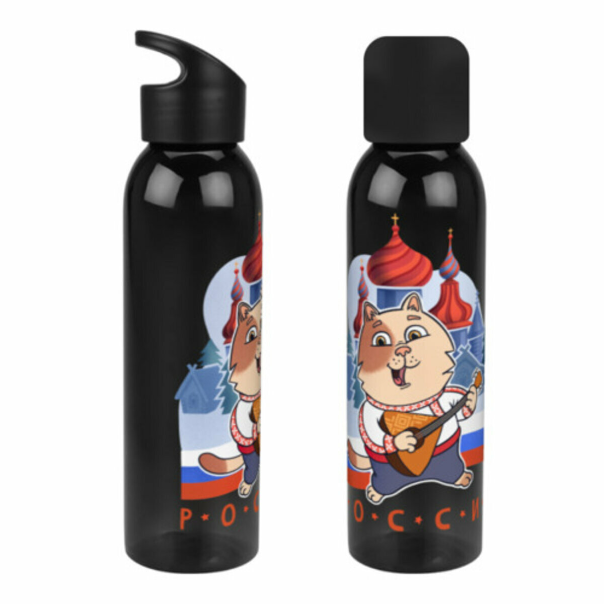 Бутылка для воды «Кот-патриот, Россия, модно» (черный)