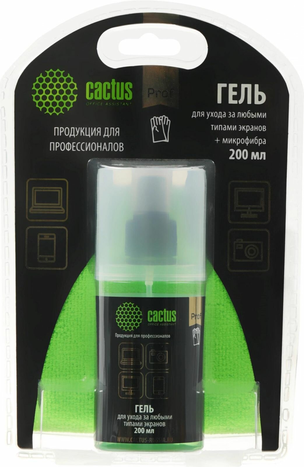 Чистящий набор CACTUS салфетка 25х25 см, гель 200 мл, для экранов, оптики (CS-S3004BL)