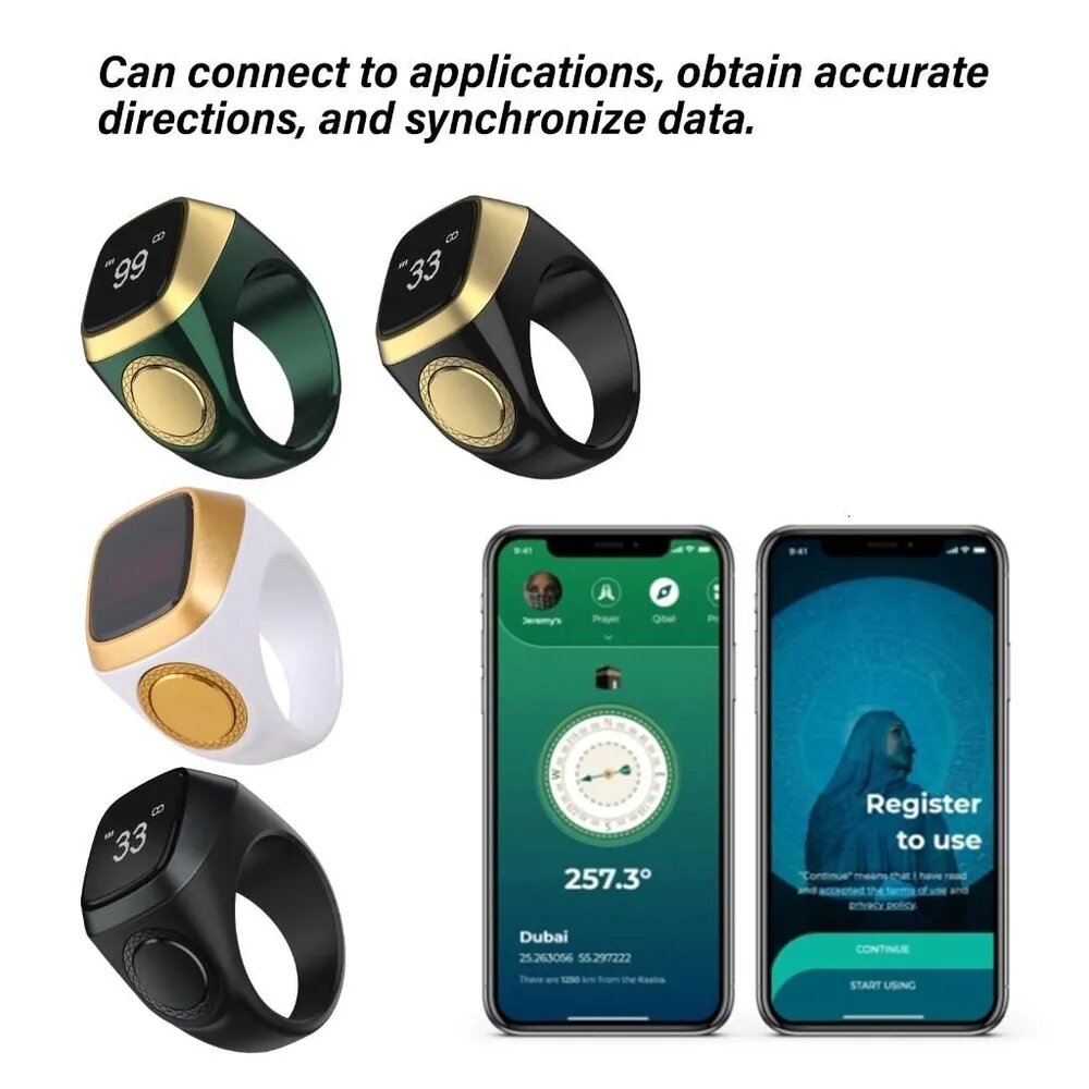 Умное кольцо для подсчета тасбиха, черное, с функцией Bluetooth и дисплеем — фото 1