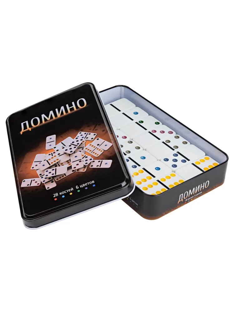 Домино настольная игра классическая черного цвета из ABS пластика и металла с 28 костями и 6 цветами в наборе для взрослых и детей — фото 1