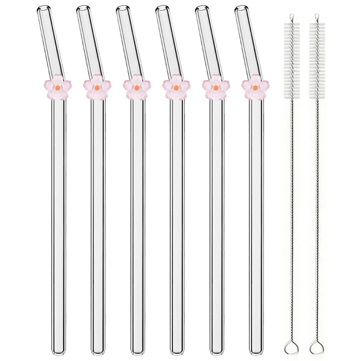 6pcs Стеклянные питьевые соломки цветочная согнутая соломка с щеткой.