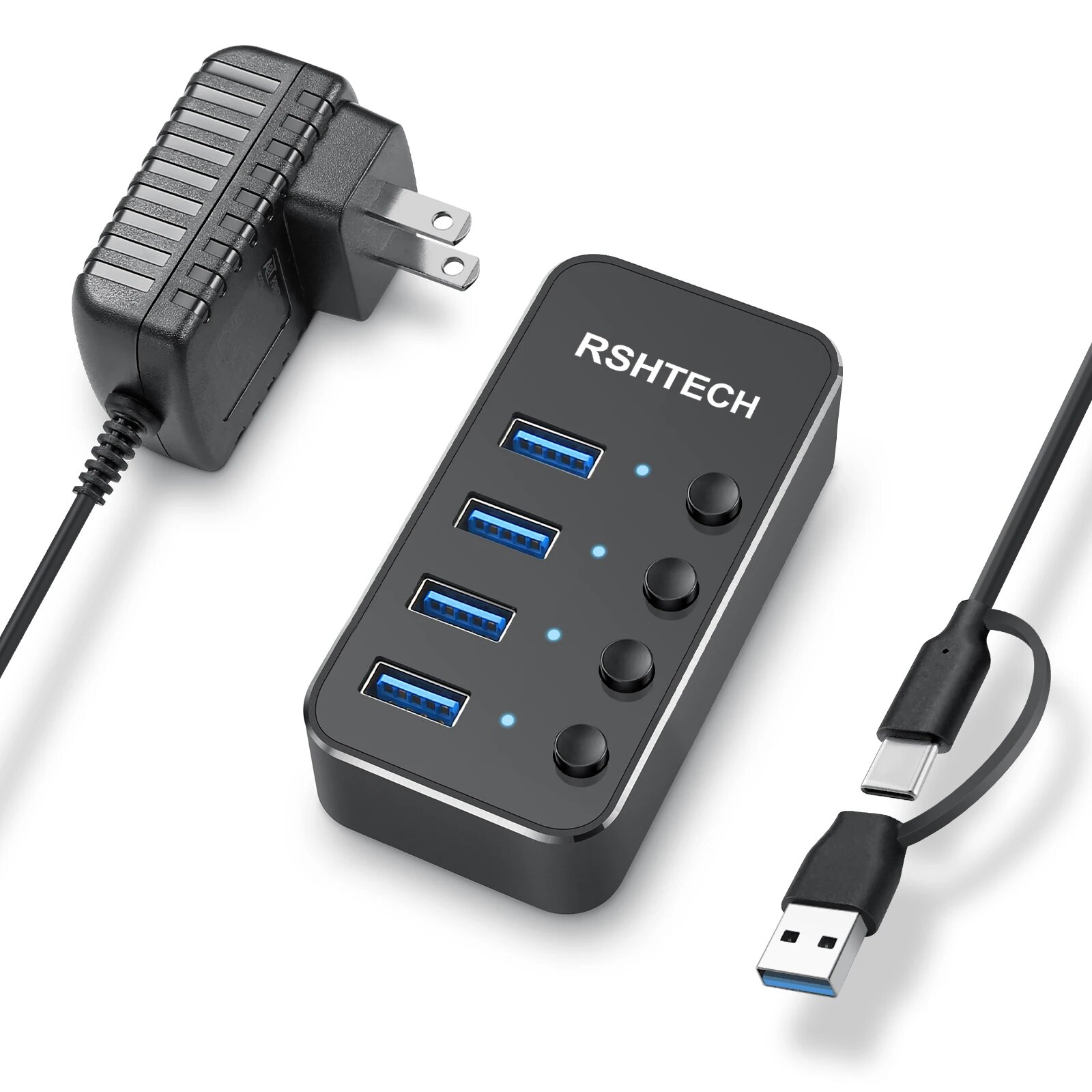 RSHTECH USB 3.0 Хаб с 4 портами, US Plug Adapter