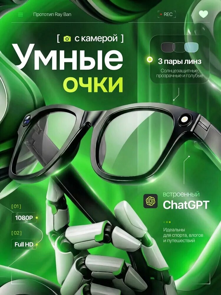 Умные очки с камерой Bluetooth-гарнитурой AI переводчиком в реальном времени на русском языке с защитой от синего цвета