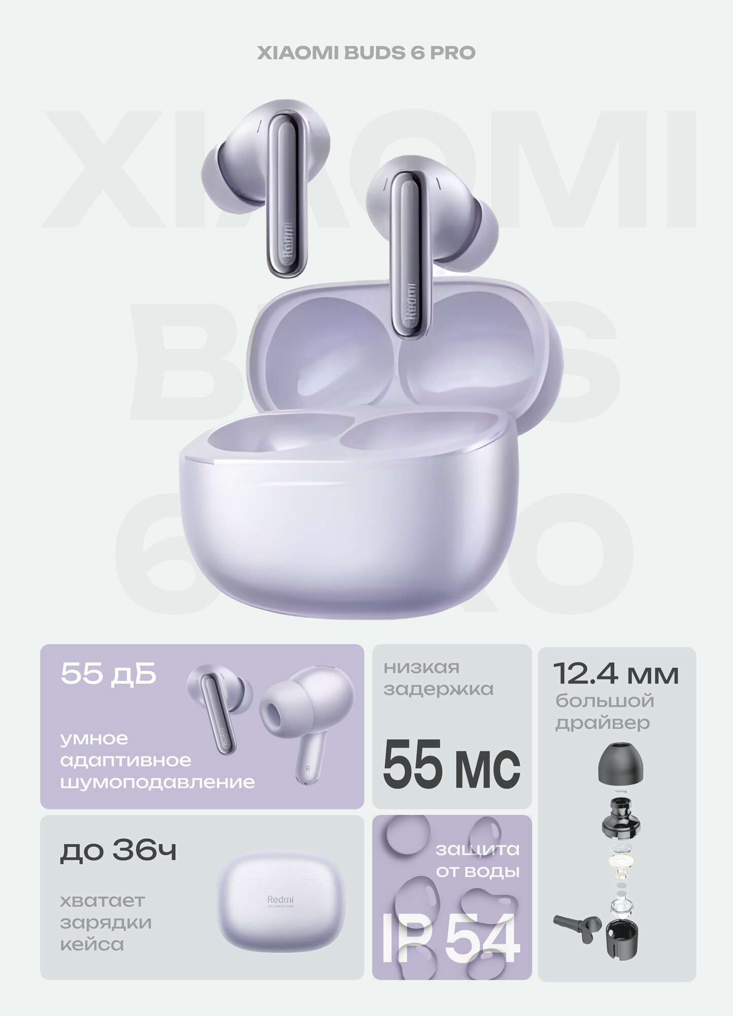 Наушники беспроводные Xiaomi Redmi Buds 6 Pro, с шумоподавлением, влагозащита, фиолетовый