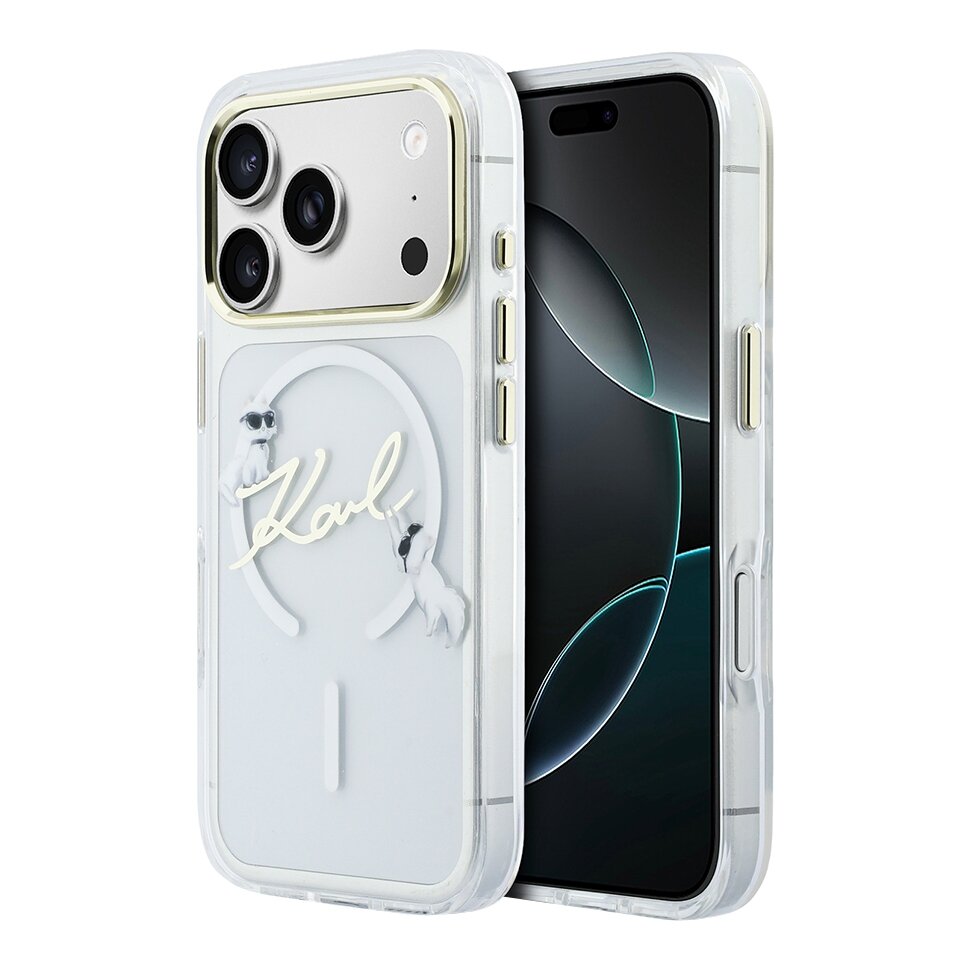 Karl Lagerfeld чехол с MagSafe для iPhone 17 Pro, IML NFT Choupettes Script logo Metal Camera, белый