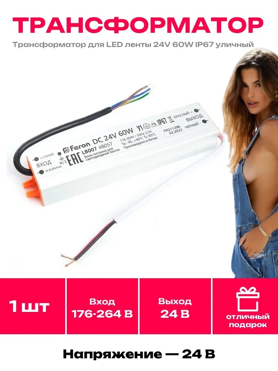 Трансформатор 60Вт 24В для LED лент, защита от пыли/влаги