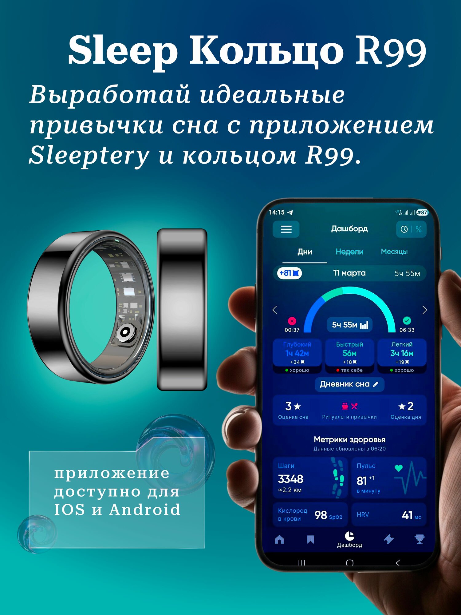 Умное кольцо для Сна Sleep Кольцо SH (Цвет черный глянец внутренний диаметр кольца 20,0 мм)