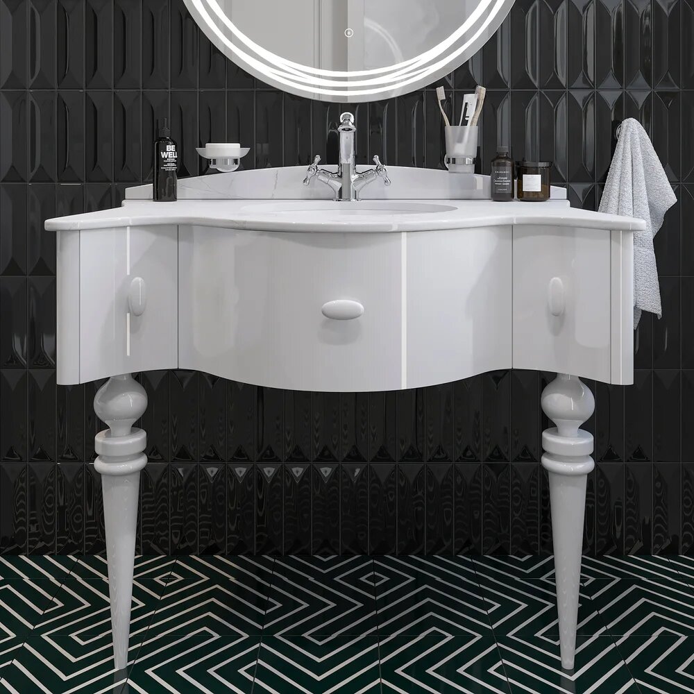 Тумба с раковиной VOQ Charlotte 95 подвесная, 93 см, белая, глянцевая, из МДФ, с ящиками, раковина для ванной, из искусственного мрамора, овальная, ретро