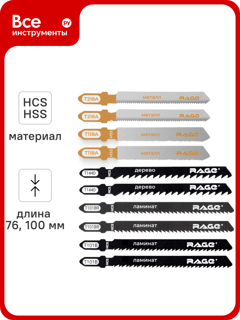Набор пилок RAGE для лобзика по дереву металлу и ламинату 10 шт 552200