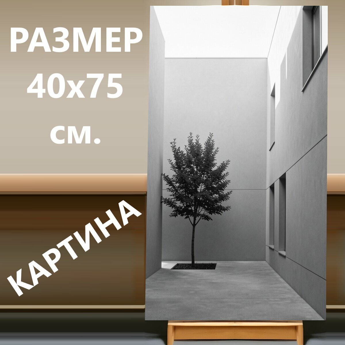 Картина на холсте "Минималистичный двор с деревом. Современное архитектурное пространство между высокими светлыми стенами, одинокое дерево и." на подрамнике 75х40 см. для интерьера