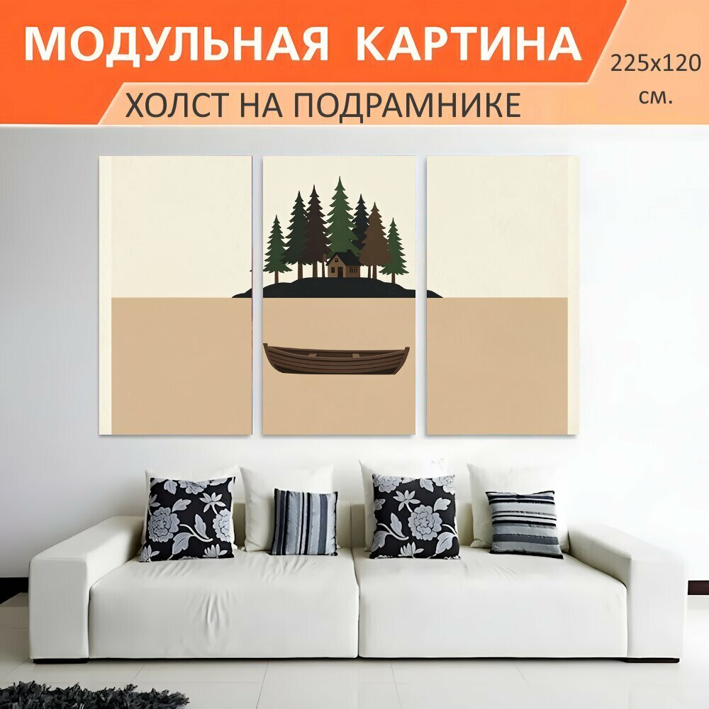 Модульная картина на холсте "Лесной остров с лодкой. Минималистичная композиция с небольшим домиком среди хвойных деревьев на темном." триптих на подрамнике 225х120 см. для интерьера