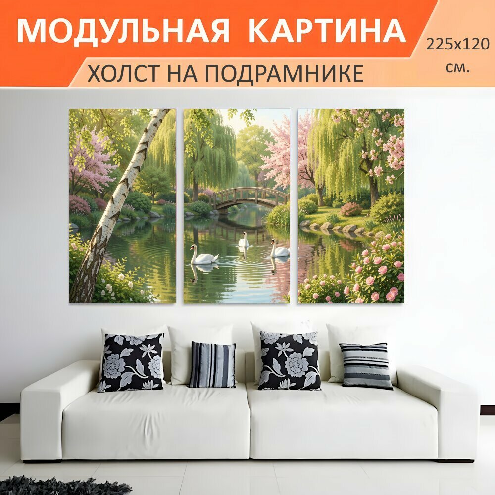 Модульная картина на холсте "Весенний сад с лебедями. Уютный парк у тихой воды с цветущими деревьями, плакучими ивами и арочным." триптих на подрамнике 225х120 см. для интерьера