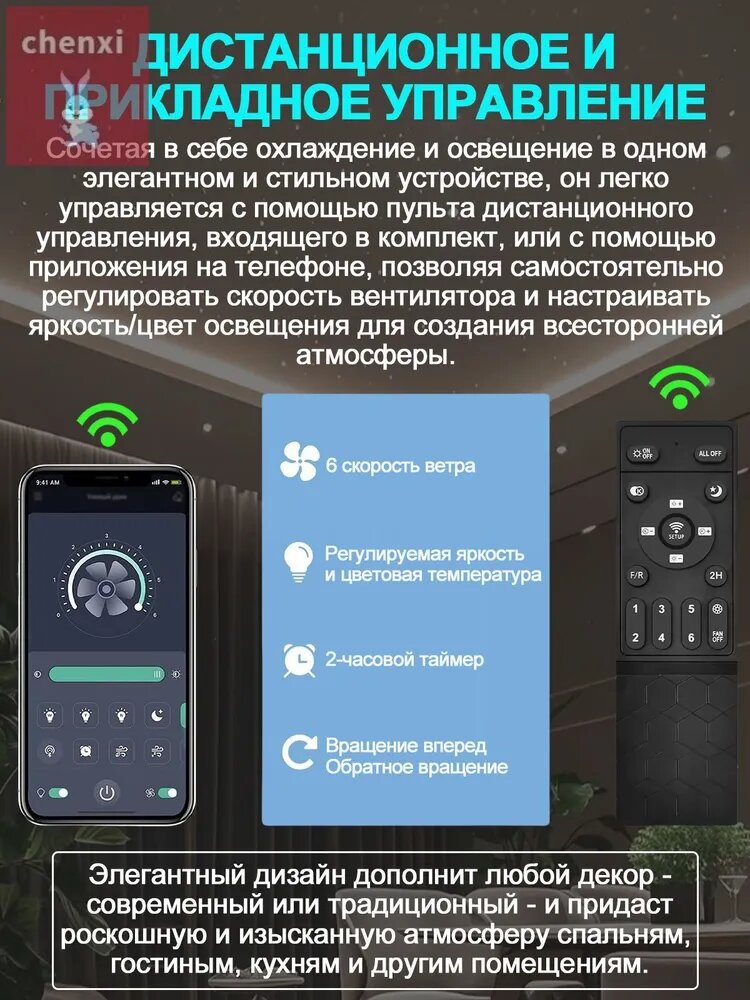 Люстра потолочная 72 Вт для гостиной, со светодиодами и вентилятором, регулируемая яркость 25 м2 — фото 1