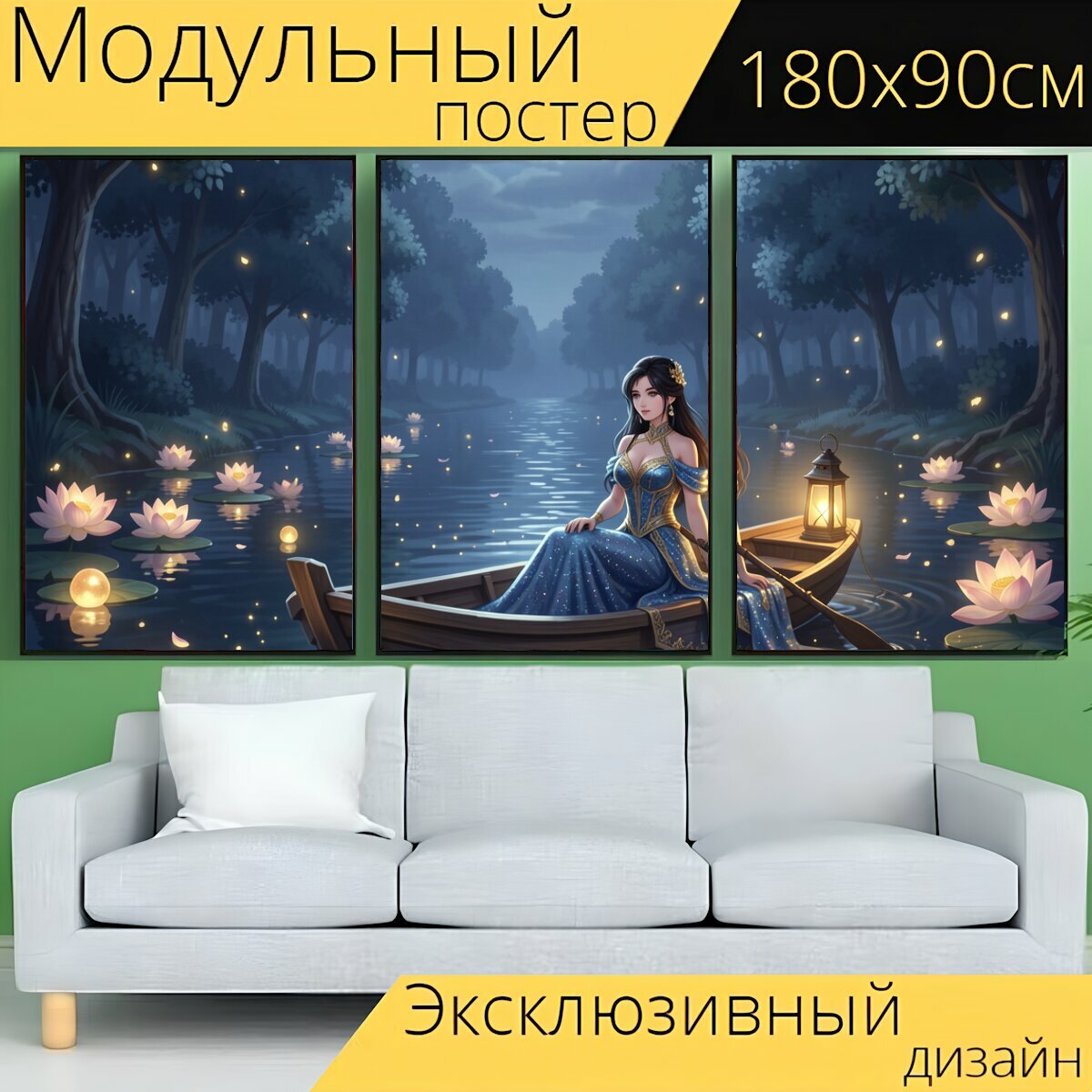 Модульный постер "Девушка в лодке на лунной реке. Сказочная ночная сцена с восточной красавицей в синем наряде на деревянной лодке." 180 x 90 см. для интерьера на стену в тубусе