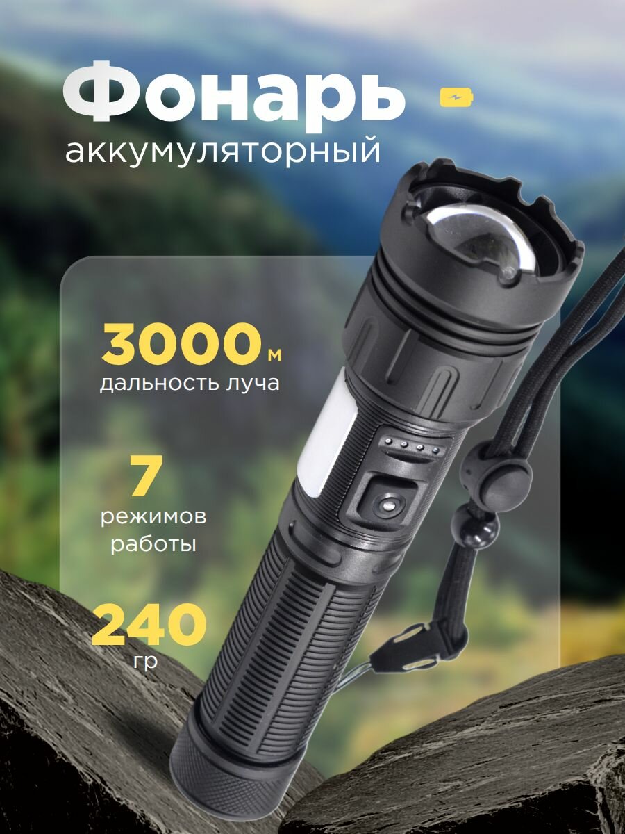 Фонарь ручной СВ со шнурком, 7 режимов, магнит, зум, кабель Type-C, работает от 21700 и 3ААА, материал авиа. алюминий, 240гр.