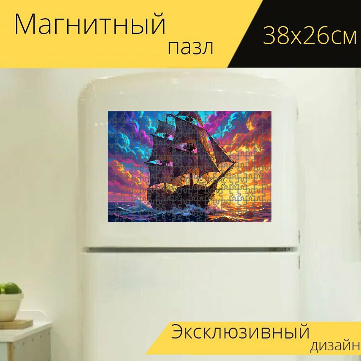 Магнитный пазл "Парусник в ярком закате. Морской сюжет с большим деревянным кораблём под наполненными ветром парусами, бурными волнами и драматичным небом." для интерьера, 38х26 см.