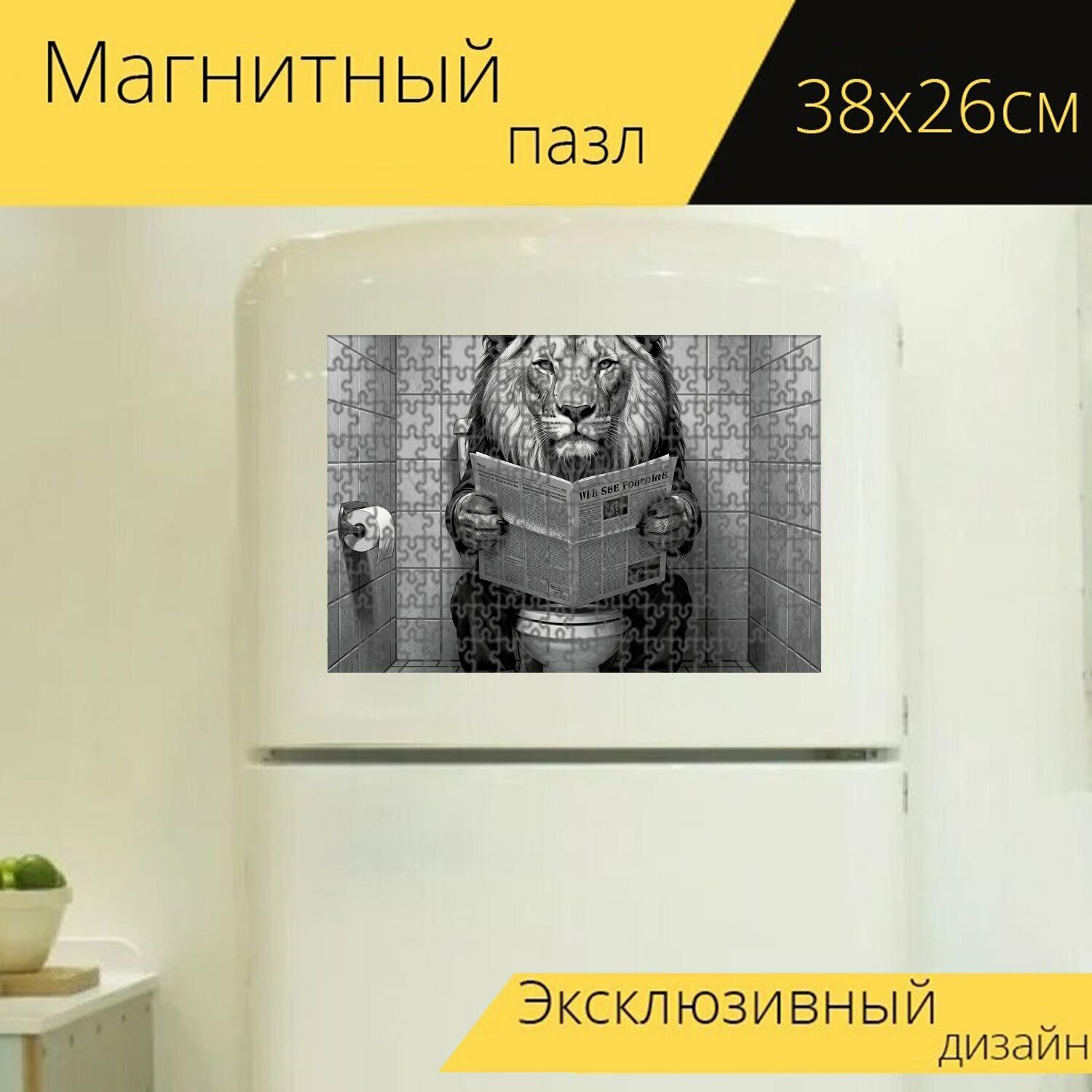 Магнитный пазл "Лев с газетой в туалете. Сюрреалистичная черно-белая сцена: величественный хищник в классической одежде сидит на унитазе и читает прессу." для интерьера, 38х26 см.