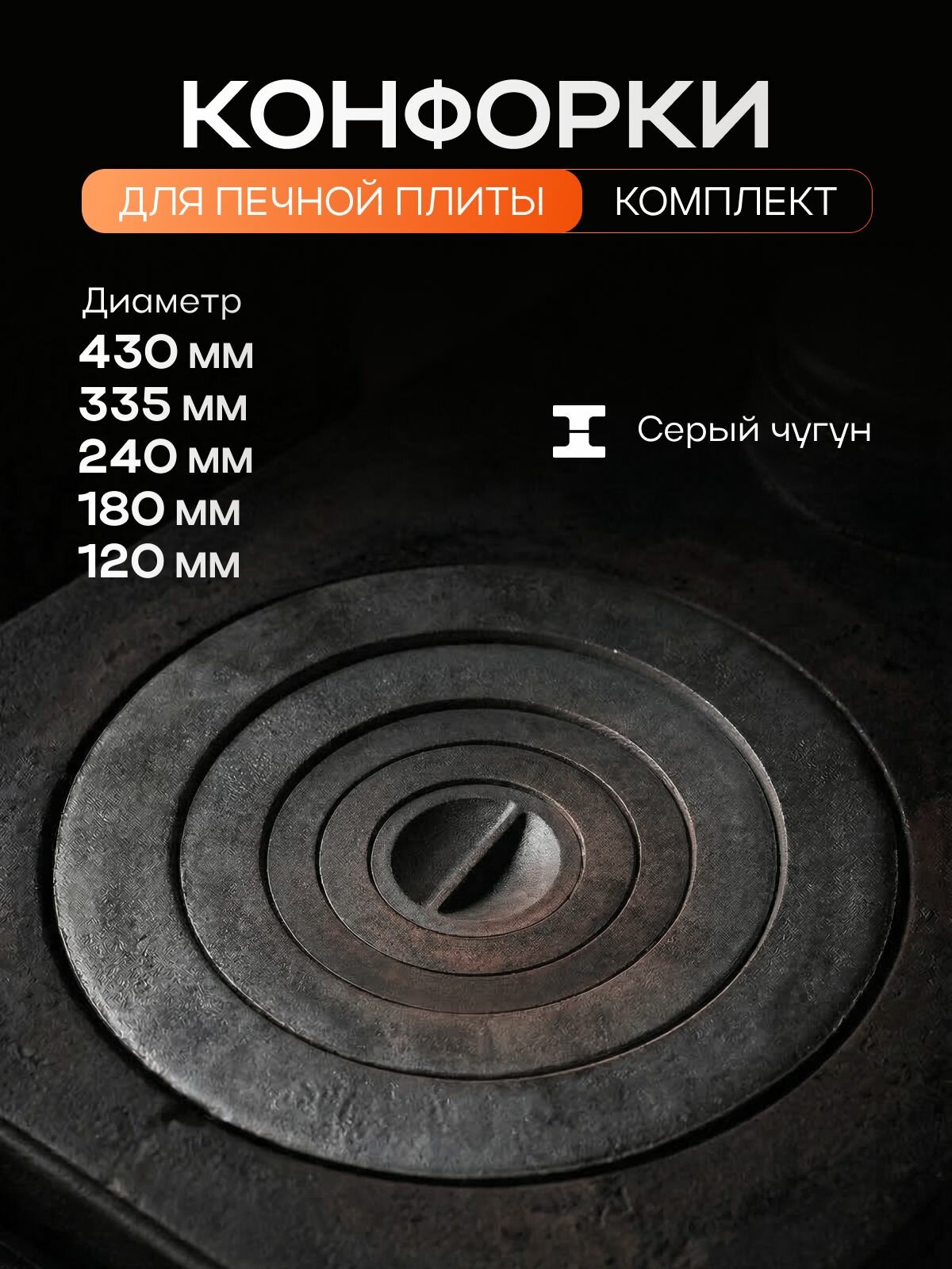 Конфорка для печной плиты (комплект D43, D33, D24, D18, D12)