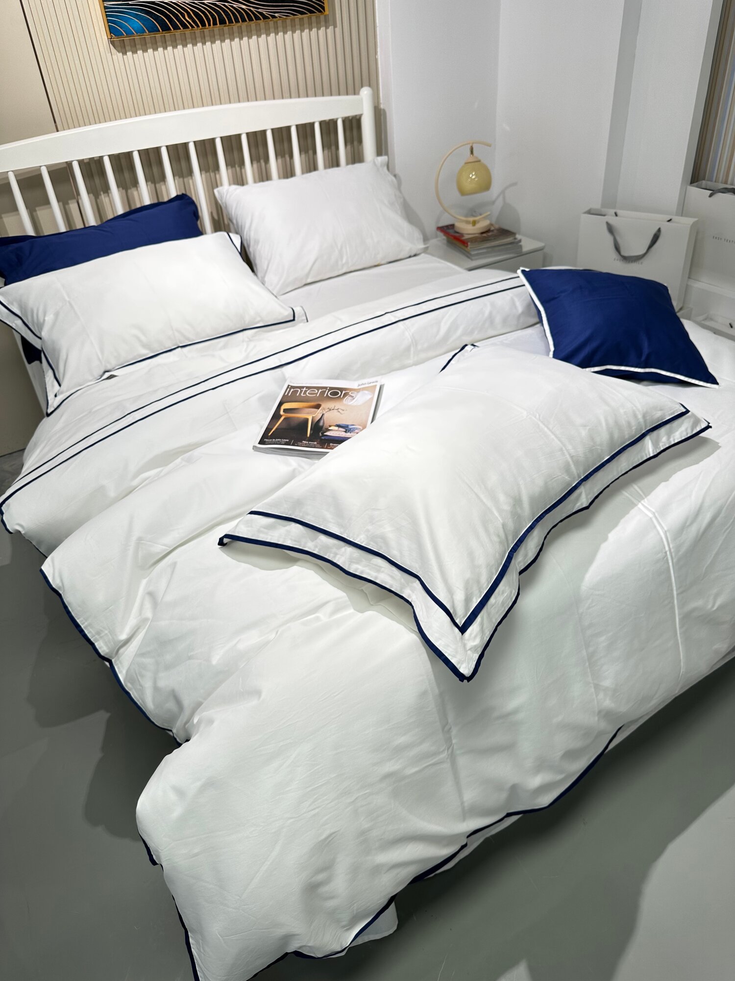 Комплект постельного белья EASY Home Textiles из чистого хлопка, 60 нитей, синий кант, простой дизайн, четыре предмета,