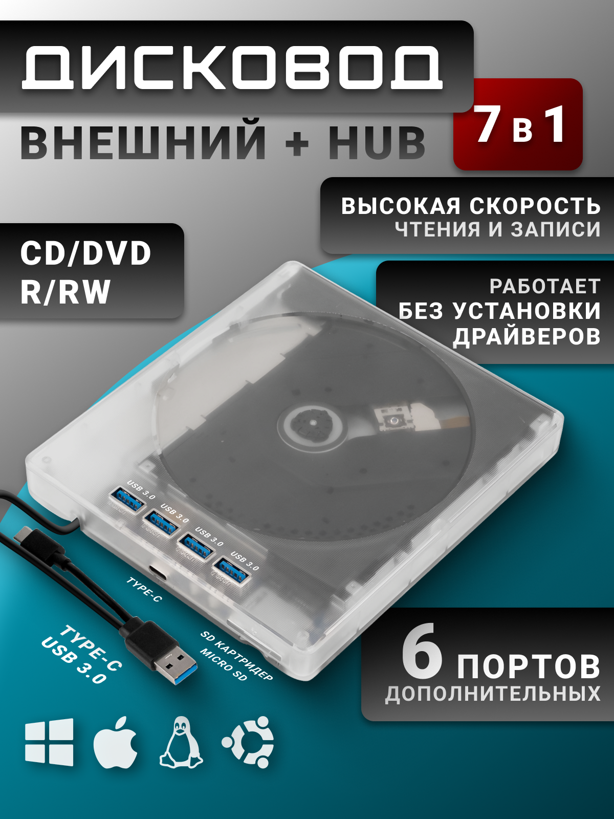 Внешний дисковод DVD/CD с USB 3.0 и Type-C, прозрачный корпус, с Hub и кардридером, для ноутбука и ПК