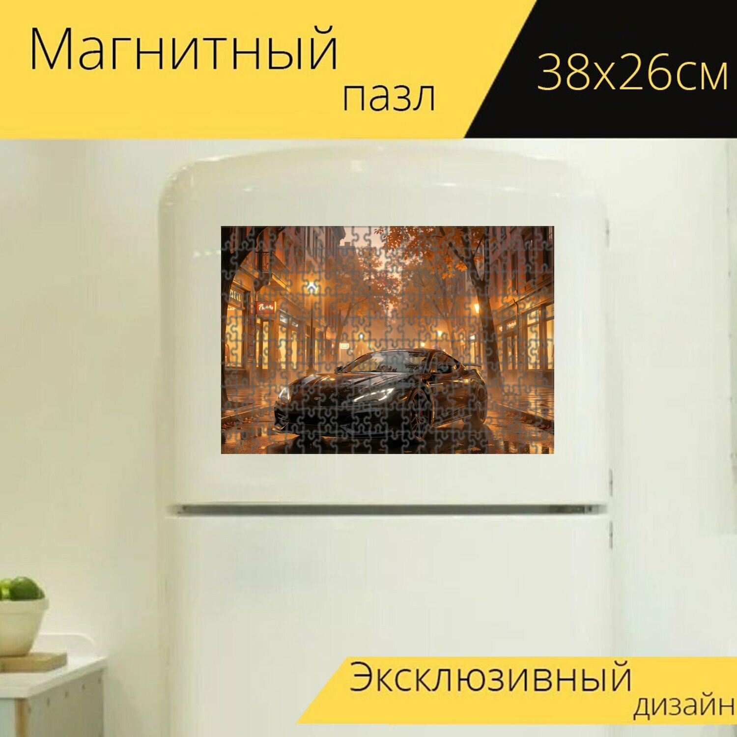 Магнитный пазл "Спортивный автомобиль на осенней улице. Черный низкий суперкар на мокрой городской улице, теплый вечерний свет фонарей, осенние деревья с." для интерьера, 38х26 см.