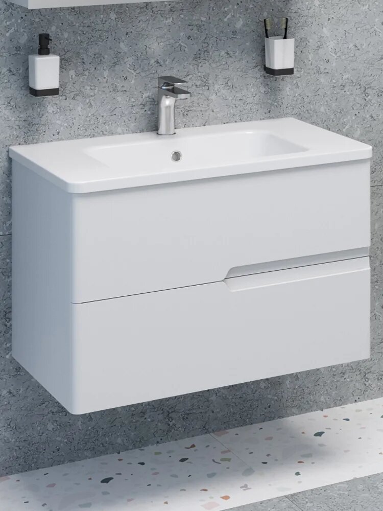 Тумба с раковиной Aqua de Marco Palermo 80 подвесная, 80 см, белая, глянцевая, из МДФ, с ящиками, раковина для ванной, прямоугольная