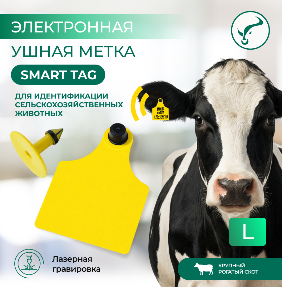 Ушные бирки SMART TAG L (78x58мм) для с/х животных КРС и МРС с микрочипом UHF, (1 шт)