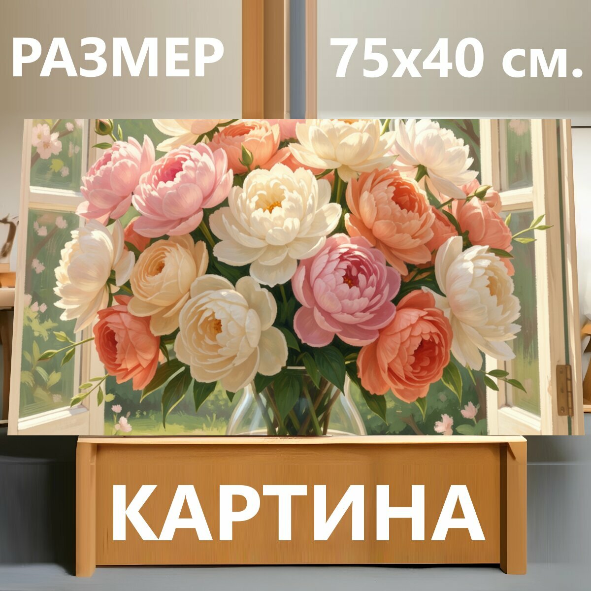 Картина на холсте "Букет пионов у окна. Нежная цветочная композиция в стеклянной вазе на подоконнике, открытое окно, весенний сад и цветущие." на подрамнике 75х40 см. для интерьера